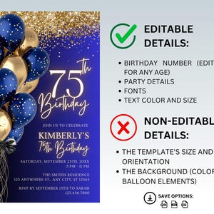 Digital 75th Birthday Party Invitation - Elegant Royal Blue and Gold ...