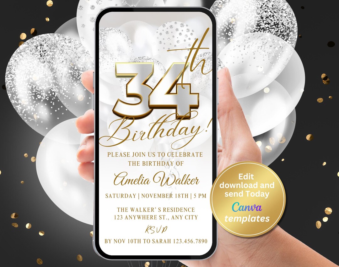 Digital 34th Birthday Party Invitation, White Gold Invite, Phone Text ...