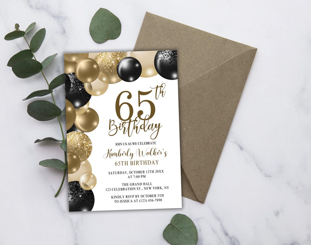 Black and Gold 65th Birthday Invitation, Elegant Digital Template ...