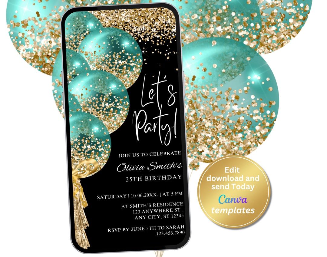 Digital Black Turquoise Birthday Party Invitation, Turquoise Gold ...