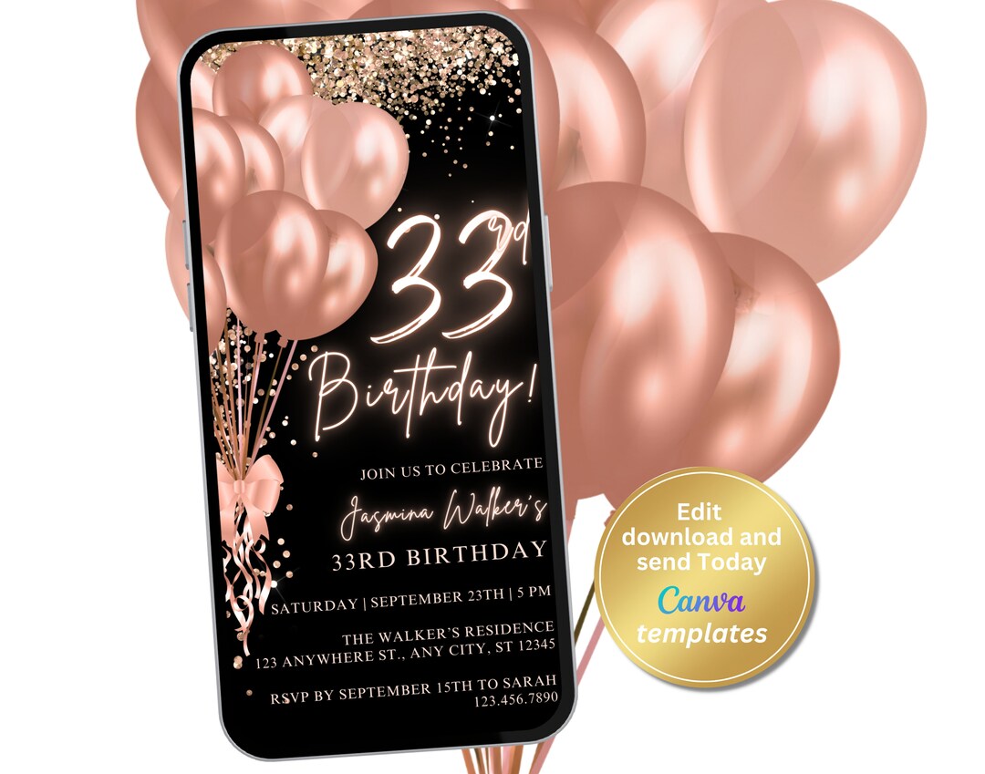 Digital 33rd Birthday Party Invitation Black Rose Gold Phone - Etsy