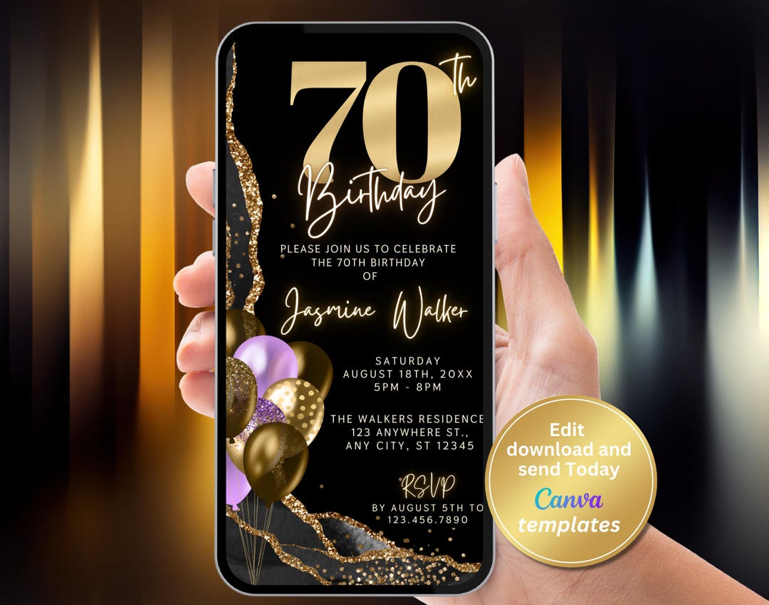 Digital 70th Birthday Invitation Template for Women, Black Gold and ...