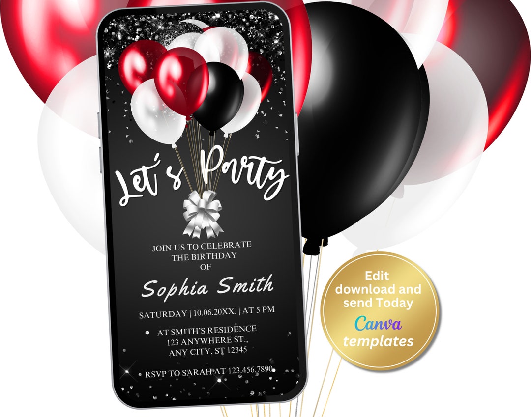 Digital Black Red Birthday Invitation, Black Red White Balloons ...