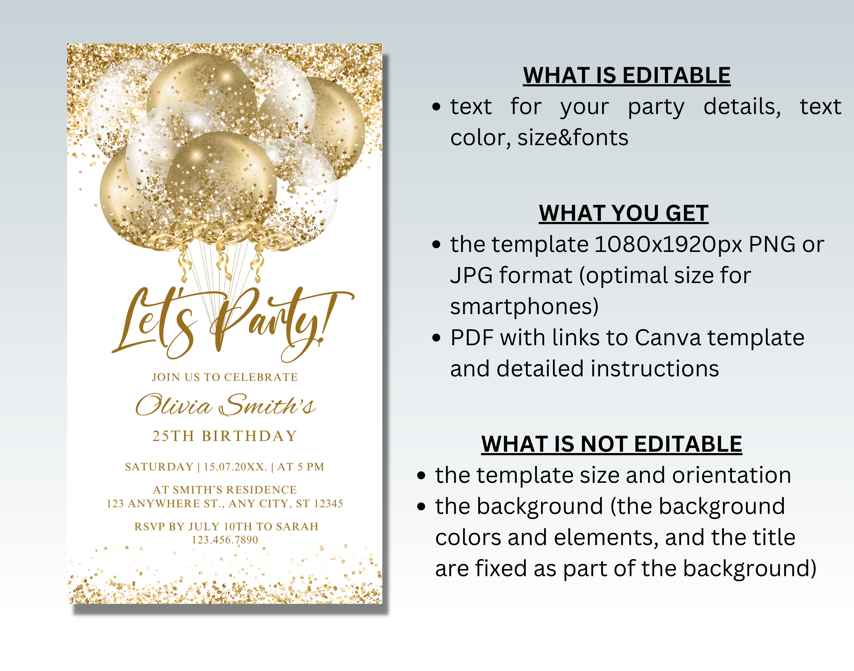 Digital White Gold Birthday Party Invitation, Gold White Glitter ...