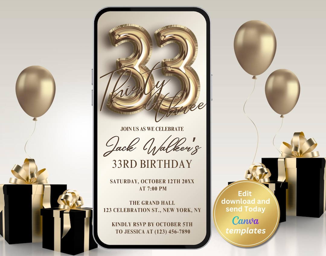 33rd Birthday Invitation, Gold Digital Evite for Men & Women, Editable ...