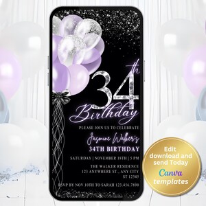 Digital 34th Birthday Party Invitation for Women, Birthday Silver ...