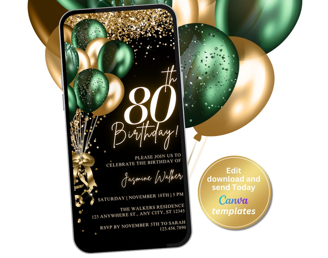 Emerald Green and Gold 80th Birthday Party Invite Digital Phone Text ...