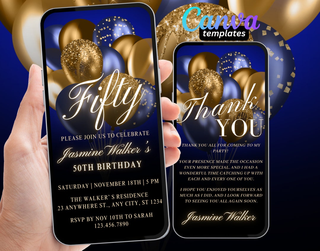 Electronic 50th Birthday Invitation, Thank You Card, Blue Gold, Phone ...