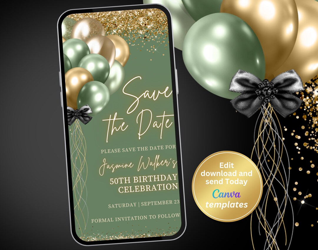 Digital Sage Green and Gold Save the Date Invitation, Sage Balloons ...
