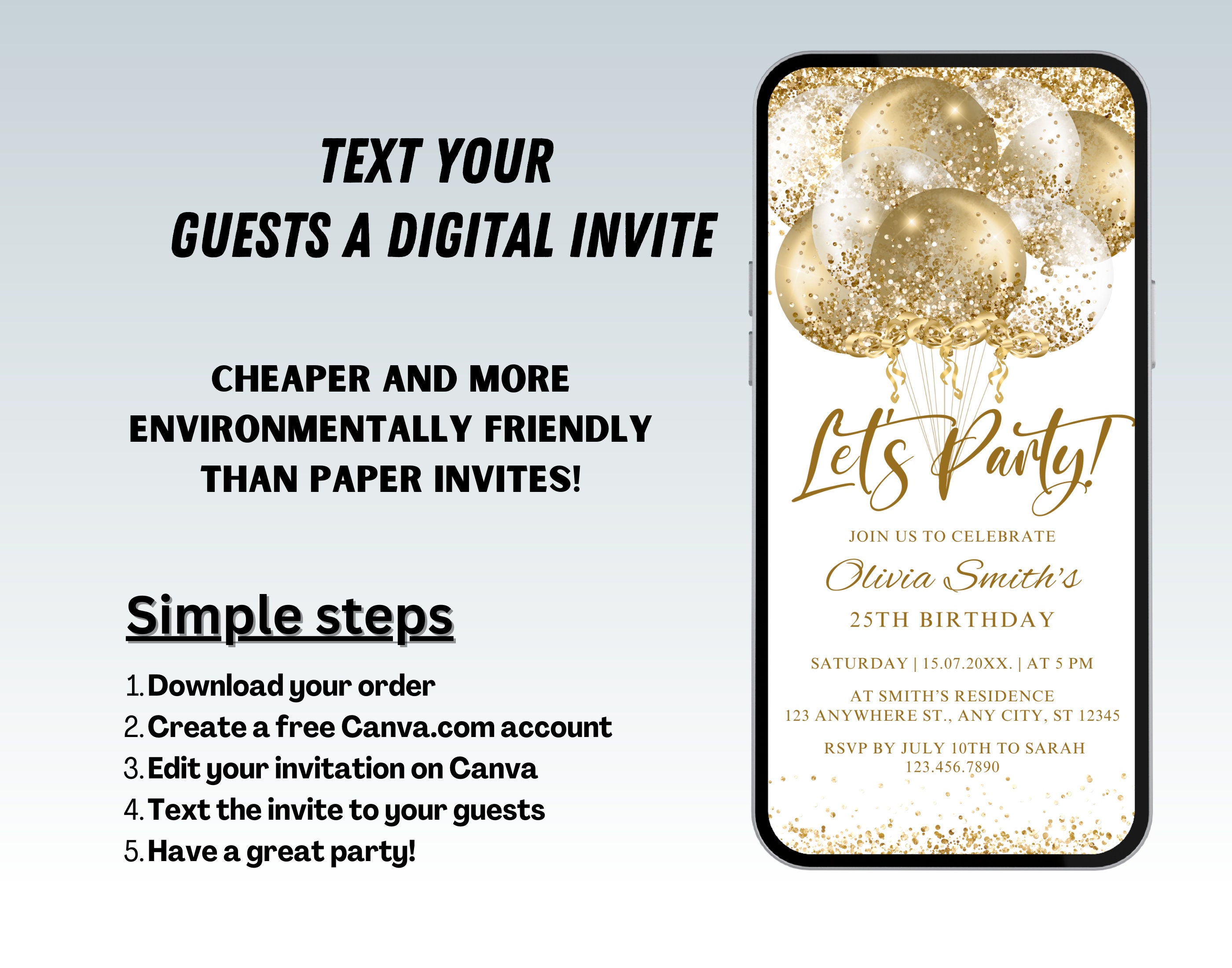 Digital White Gold Birthday Party Invitation, Gold White Glitter ...