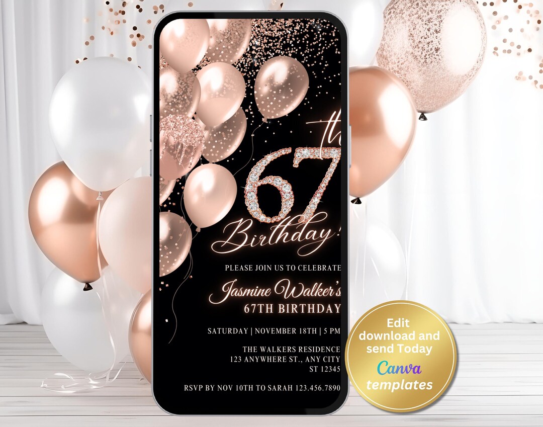 67th Birthday Invitation, Rose Gold Invite, Diamond Evite, Editable ...