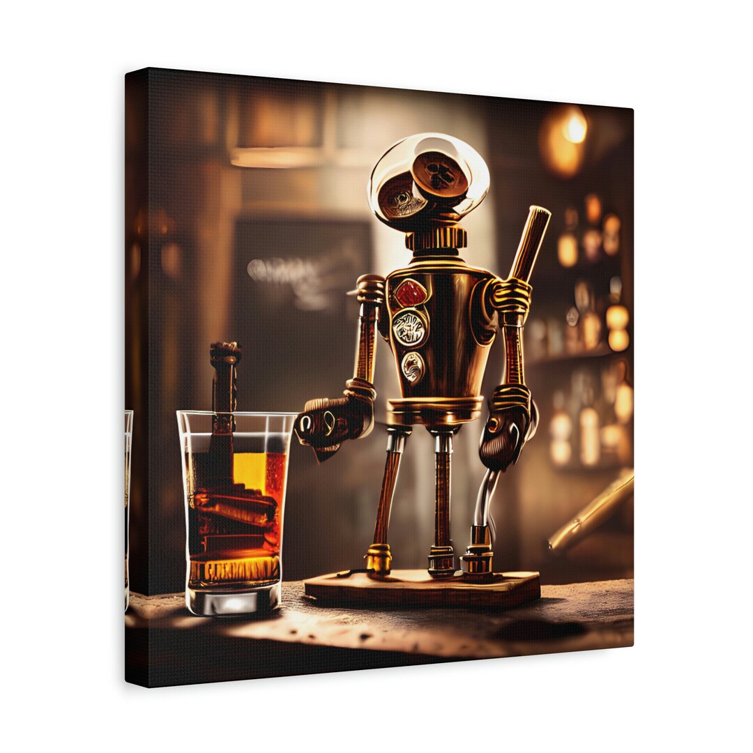 Steampunk Robot Whiskey Cigar Bar Home Wall Hanging Decor Matte Canvas ...