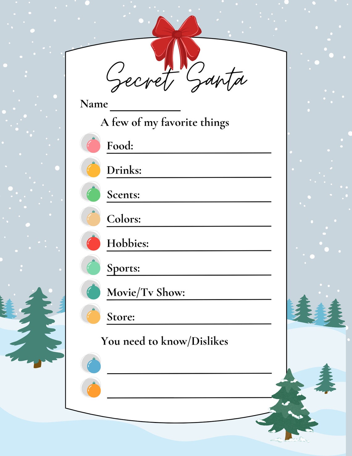 Secret Santa Questionnaire Printable Template, Coworkers Secret Santa ...