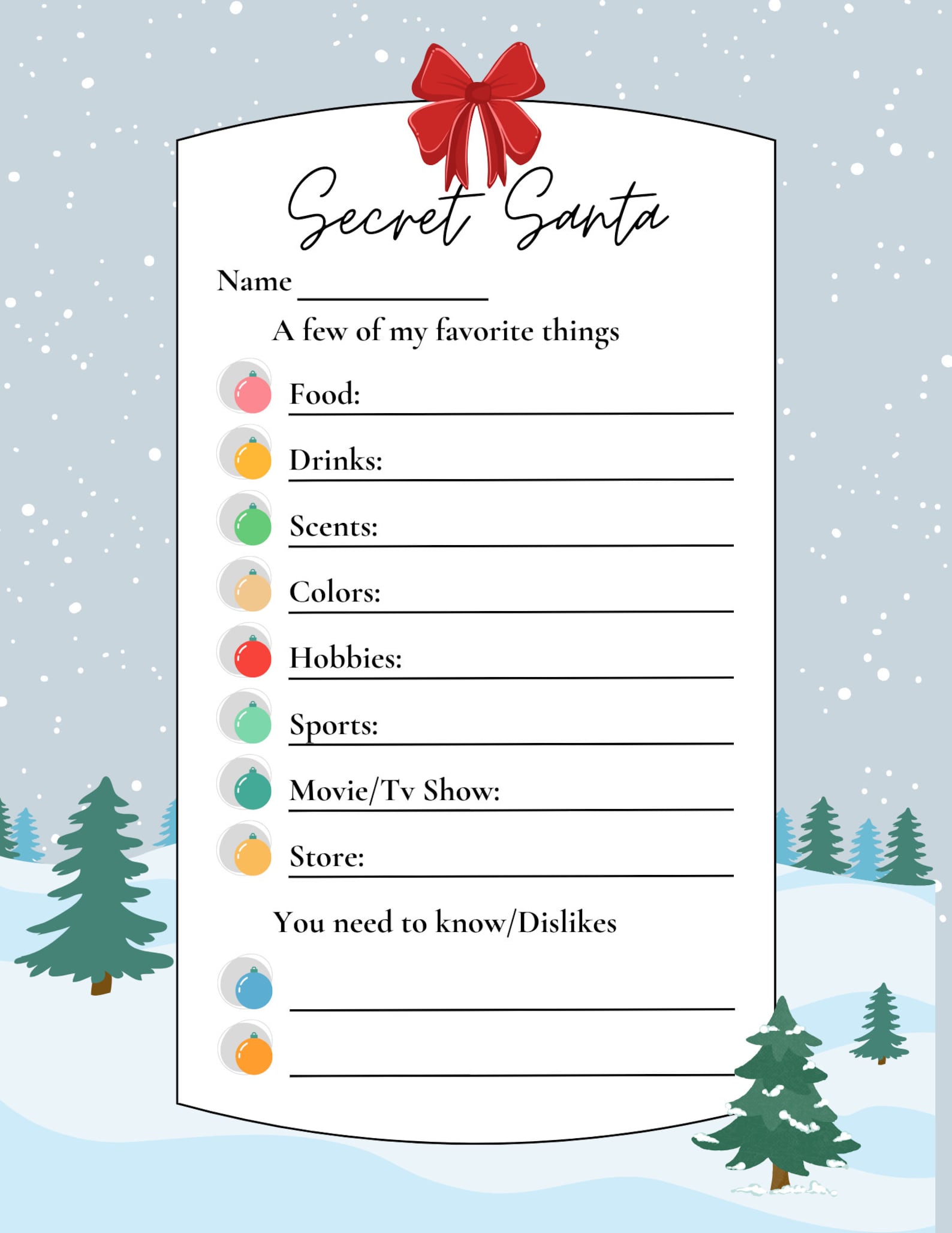 Secret Santa Questionnaire Printable Template, Coworkers Secret Santa ...