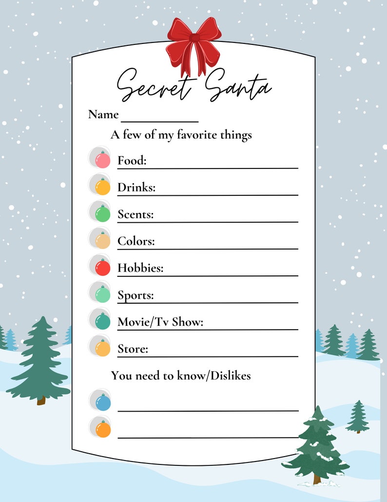 Secret Santa Questionnaire Printable Template, Coworkers Secret Santa ...