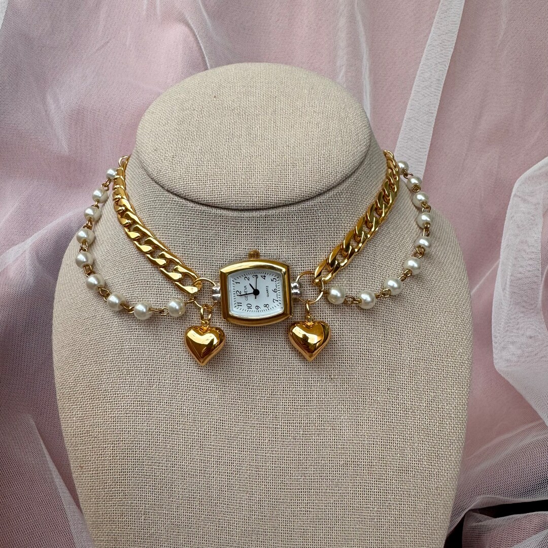 Watch Choker Necklace With Heart Charms - Etsy