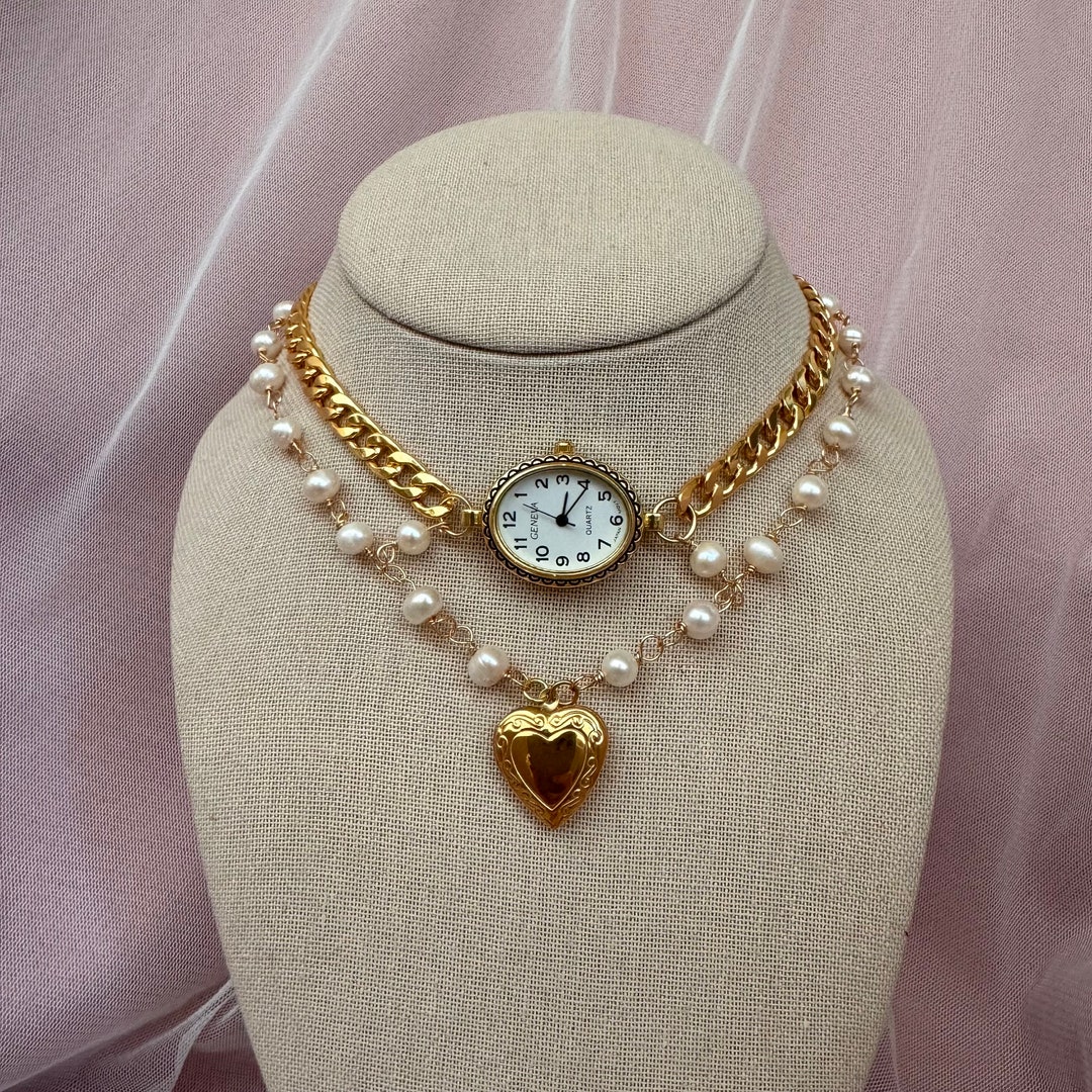 Watch Choker Necklace With Heart Locket and Freshwater Pearls - Etsy