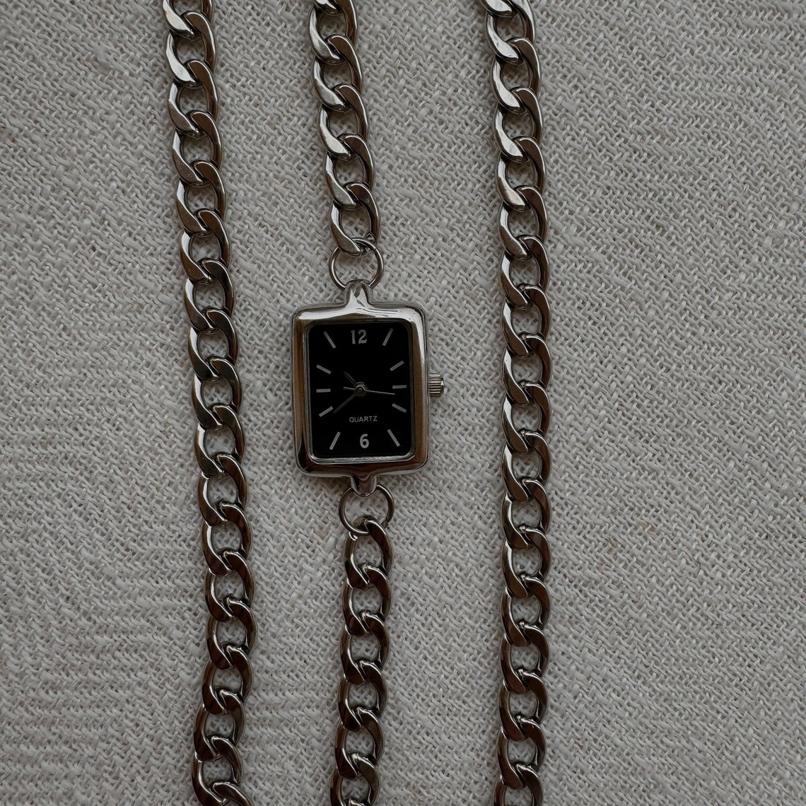 Watch Bracelet With Black Face and Double Silver Chain - Etsy