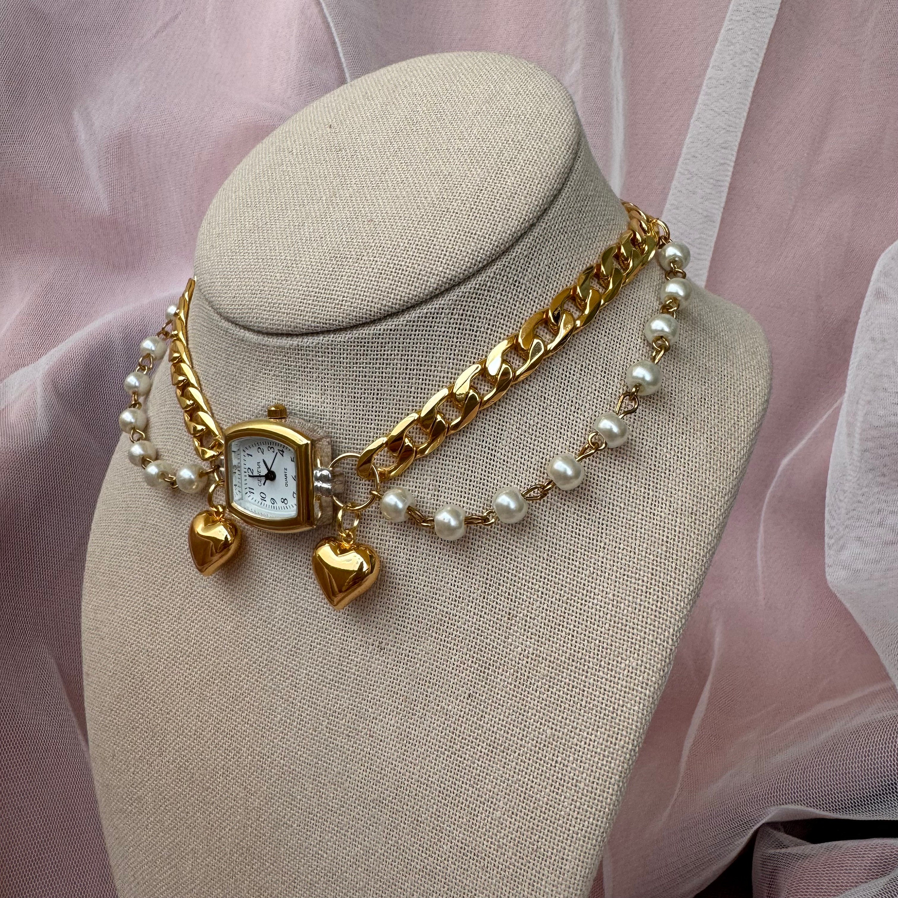 Watch Choker Necklace With Heart Charms - Etsy