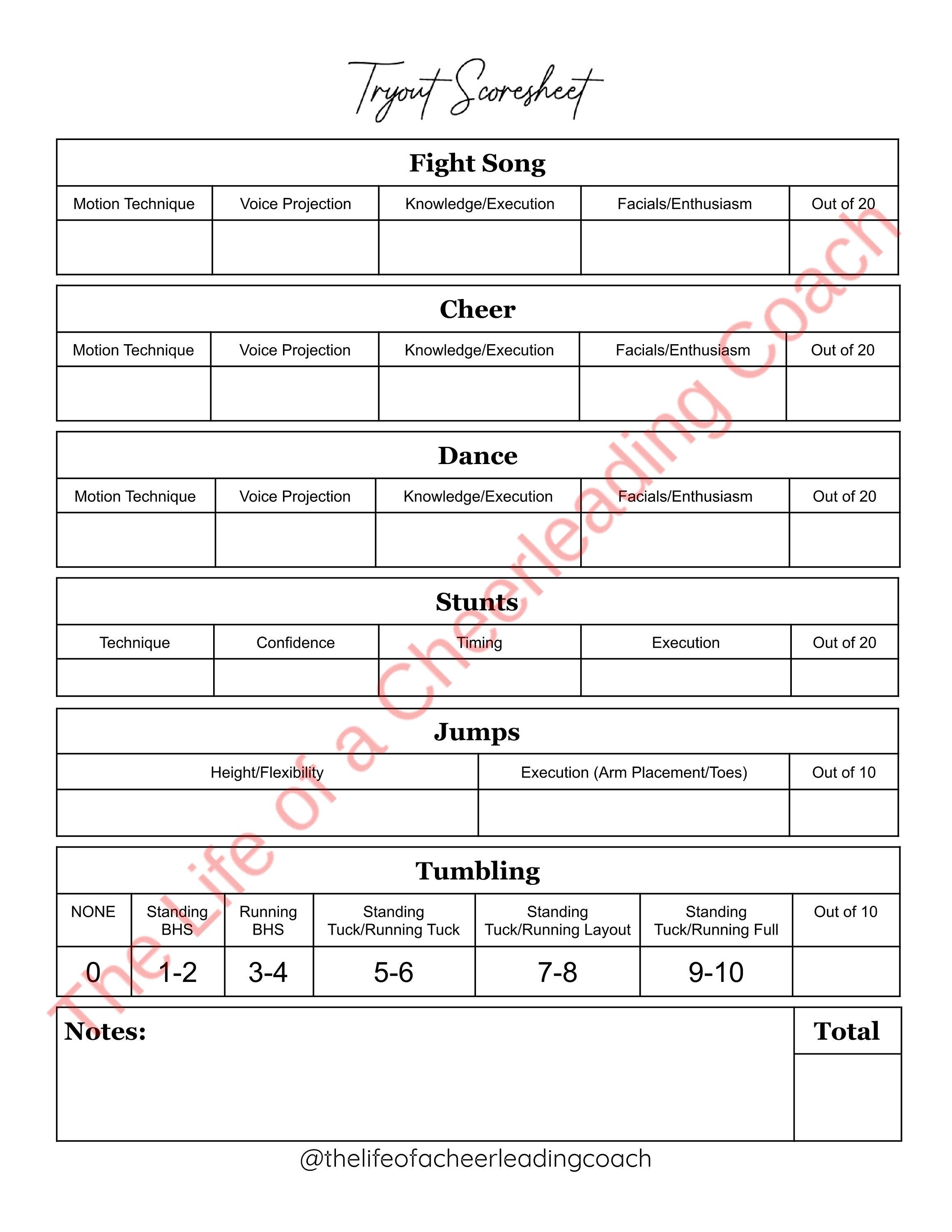 Cheerleading Tryout Scoresheet - Etsy