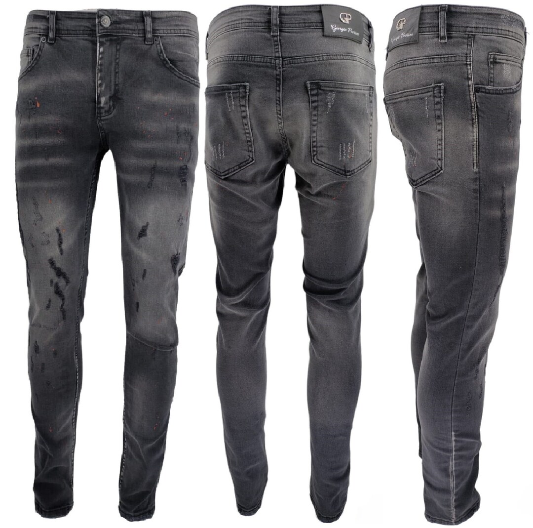 Mens Jeans Black Georgio Peviani Patchwork Paint Splatter Distressed ...
