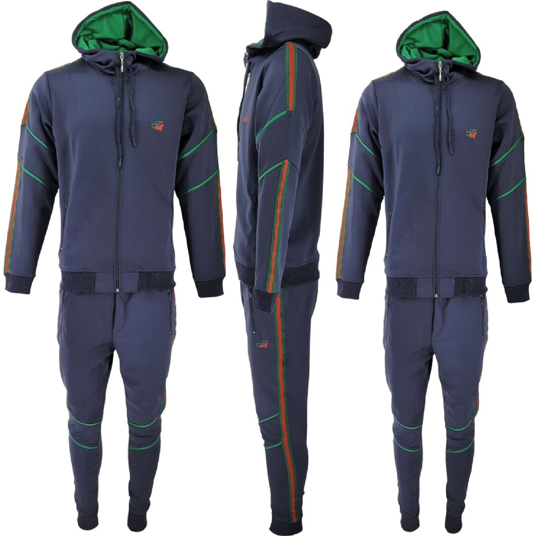 Mens Tracksuit Set Green Red Tape Side Stripe Matching Zip up Hoodie ...