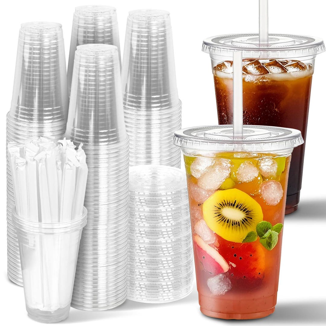 100 Sets Clear Plastic Cups With Lids, Cold Party Drinking Cups, Clear ...