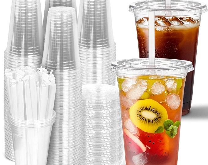 100 Sets Clear Plastic Cups With Lids, Cold Party Drinking Cups, Clear ...