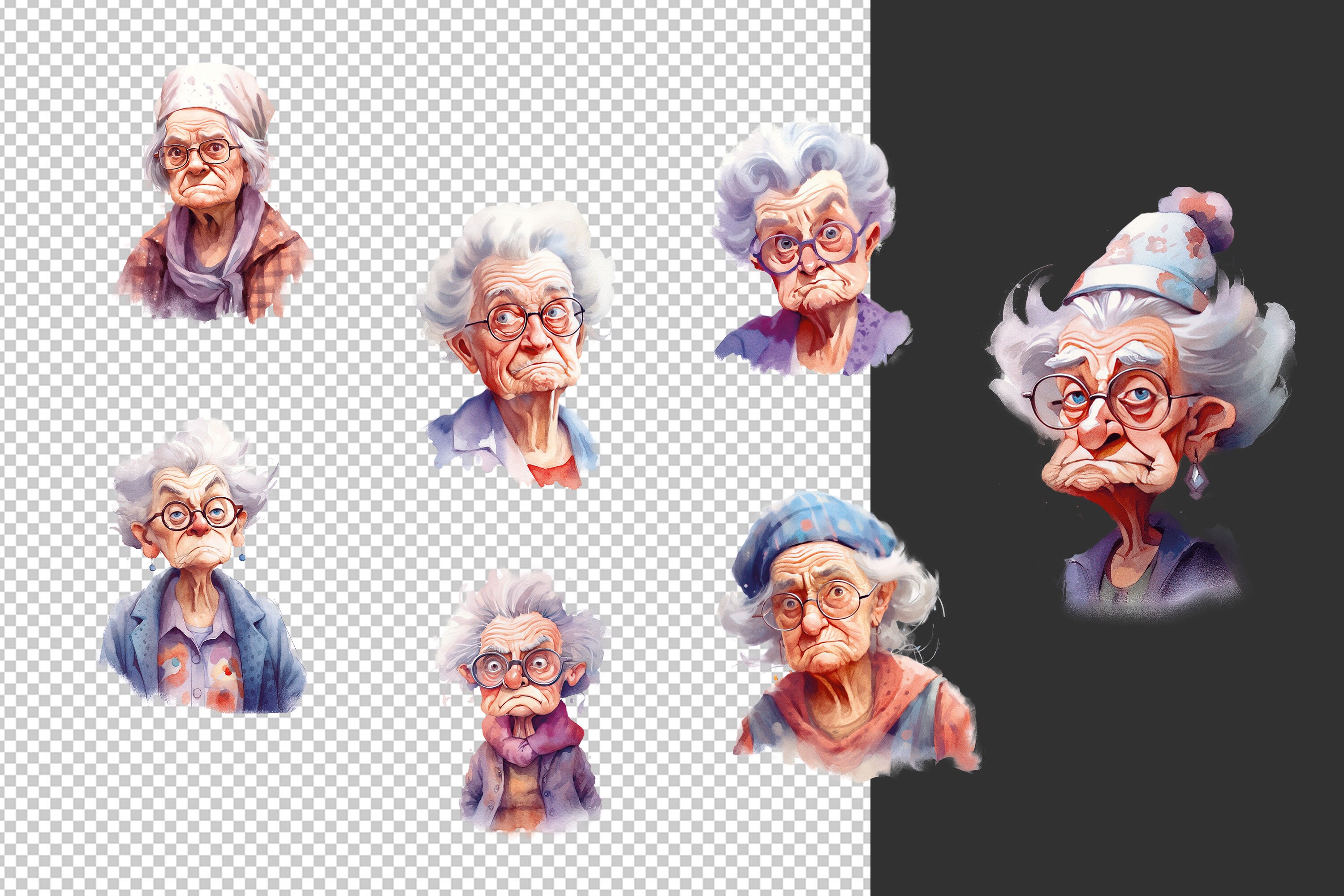Watercolor Grumpy Grandma Character Clipart Bundle Png Sublimation ...