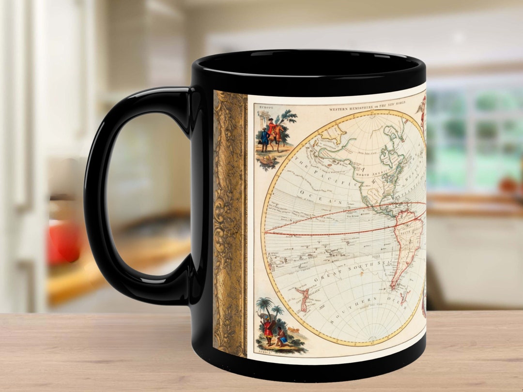 Vintage World Map Mug, Old Pocket Map Coffee Mug, 11oz Black Ceramic ...