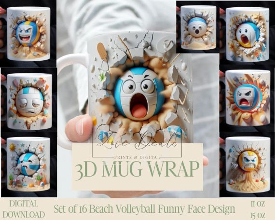 3D Effect Funny Beach Volleyball Face Mug Wrap, Summer Vibe 11oz & 15oz ...