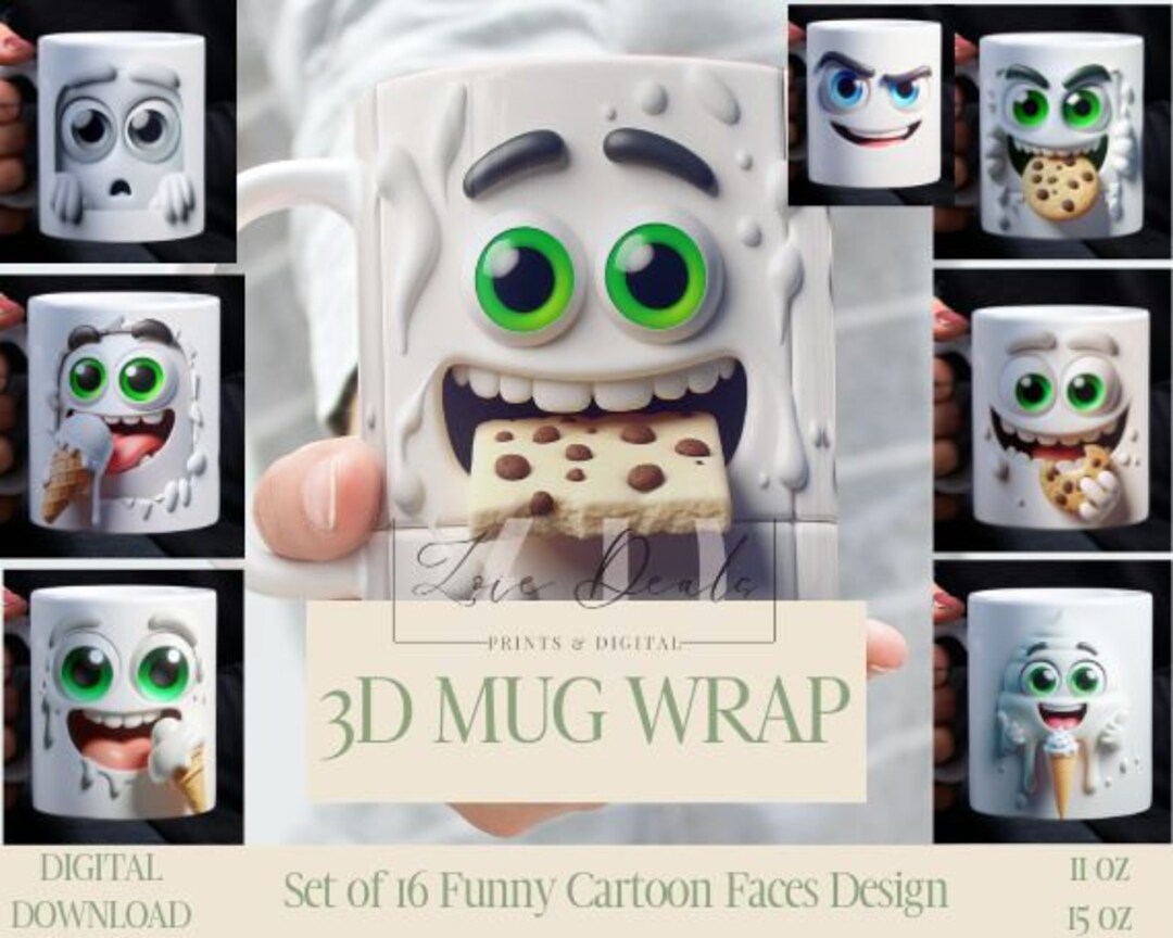 3D Effect Funny Cartoon Faces Eating Mug Wrap, 11 Oz & 15 Oz Mug Bundle ...