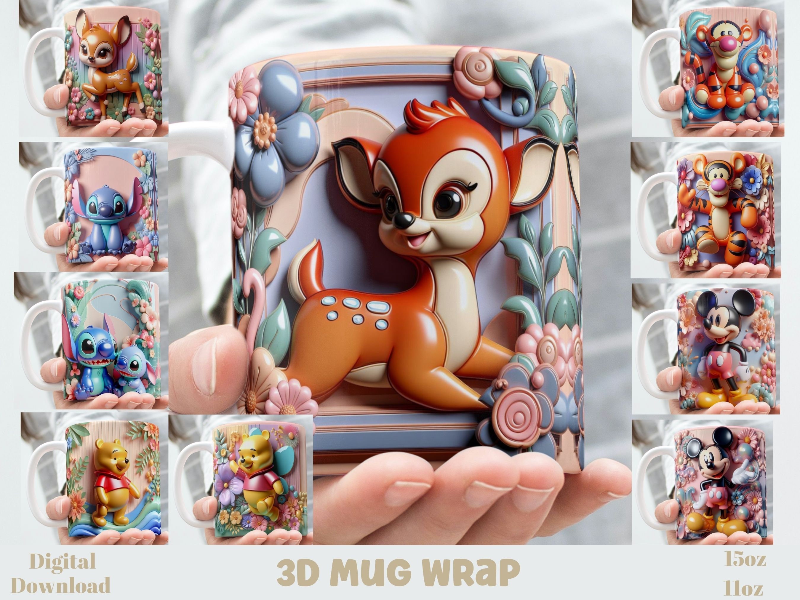 3D Cartoon Character Mug Wrap Bundle: 11oz & 15oz Sublimation Design ...