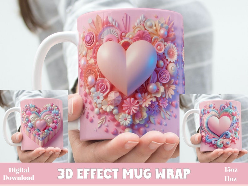 3D Effect Pastel Coquette Heart Mug Wrap, 11 Oz & 15 Oz Sublimation ...