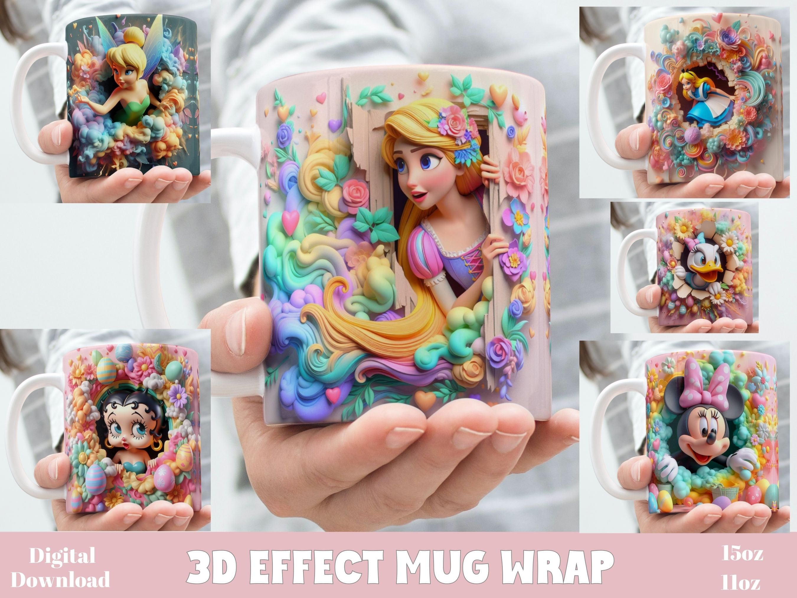 3D Effect Classic Cartoons Girl Character Mug Wrap, 11 Oz & 15 Oz Mug ...