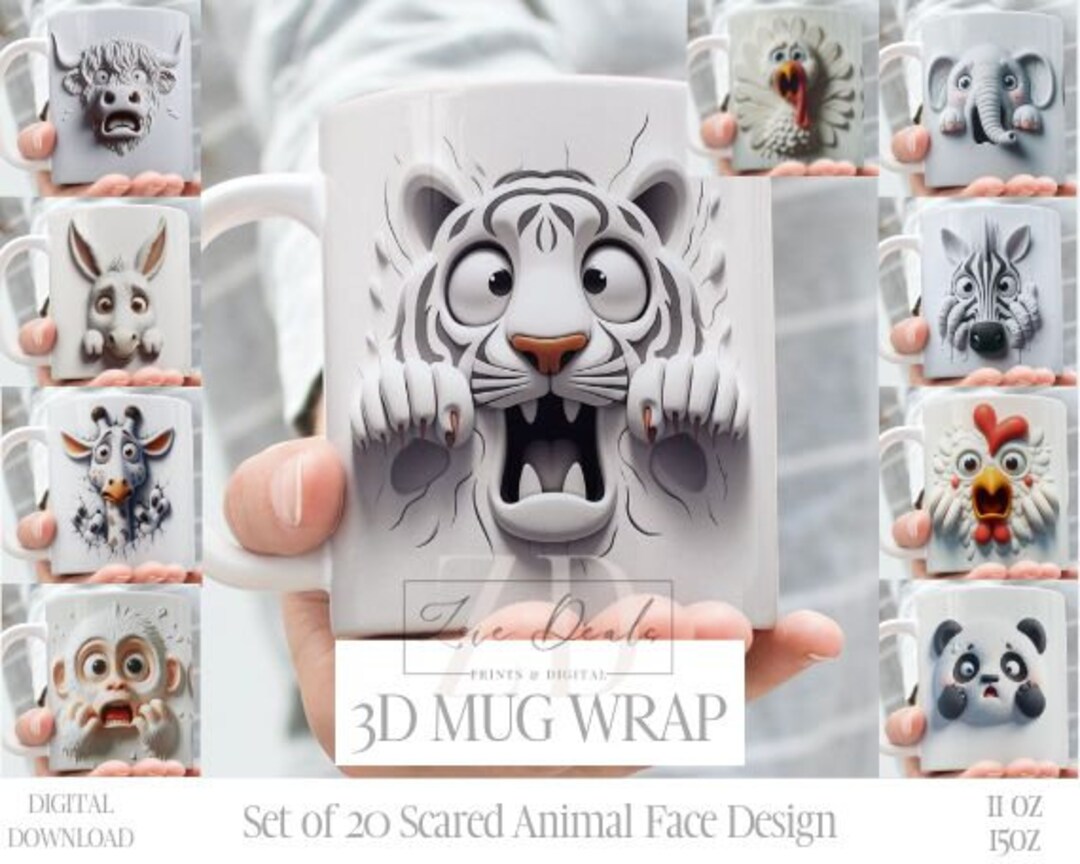 3D Effect Scared Animal Face Mug Wrap, 11 Oz & 15 Oz Funny Animal Mug ...
