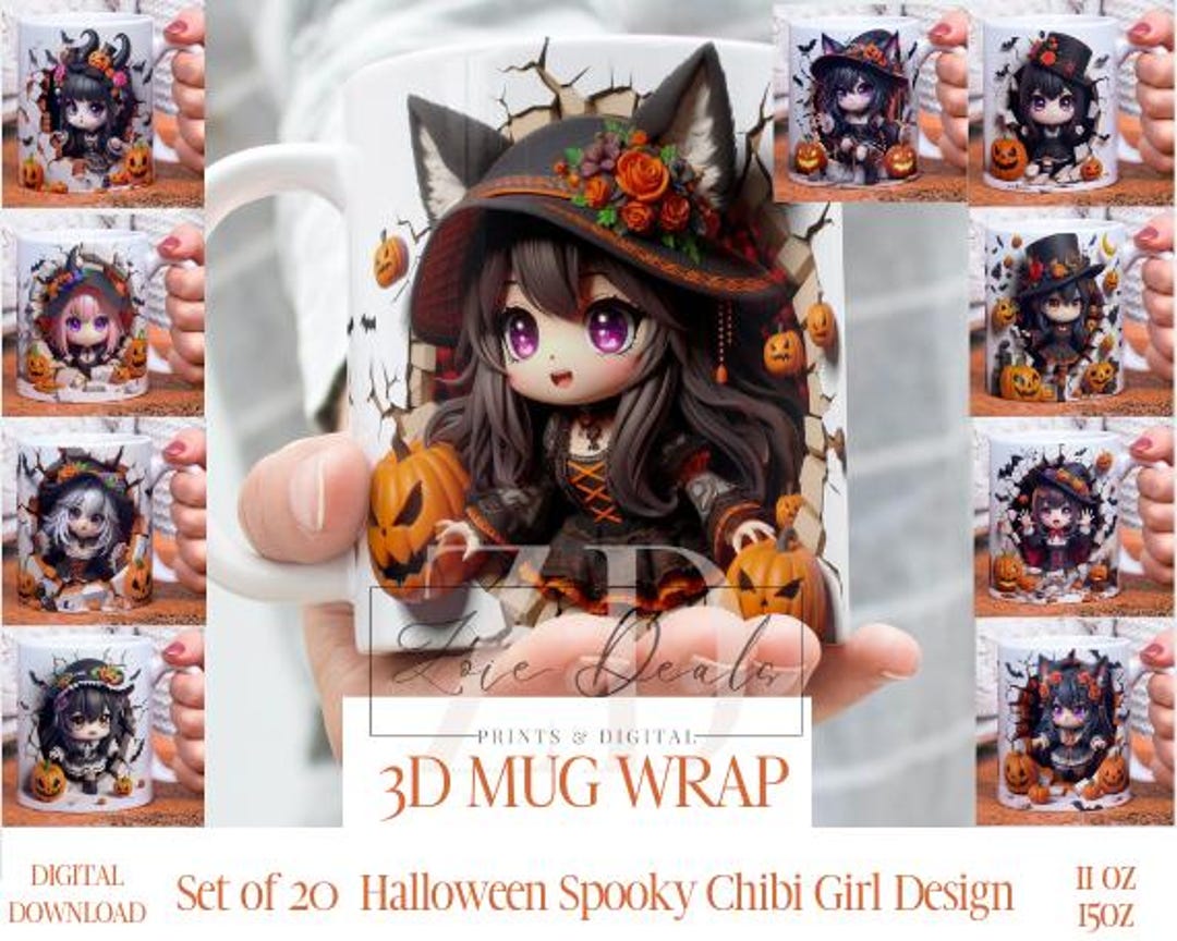 3D Effect Halloween Chibi Girl Mug Wrap, 11 Oz & 15 Oz Spooky Chibi ...