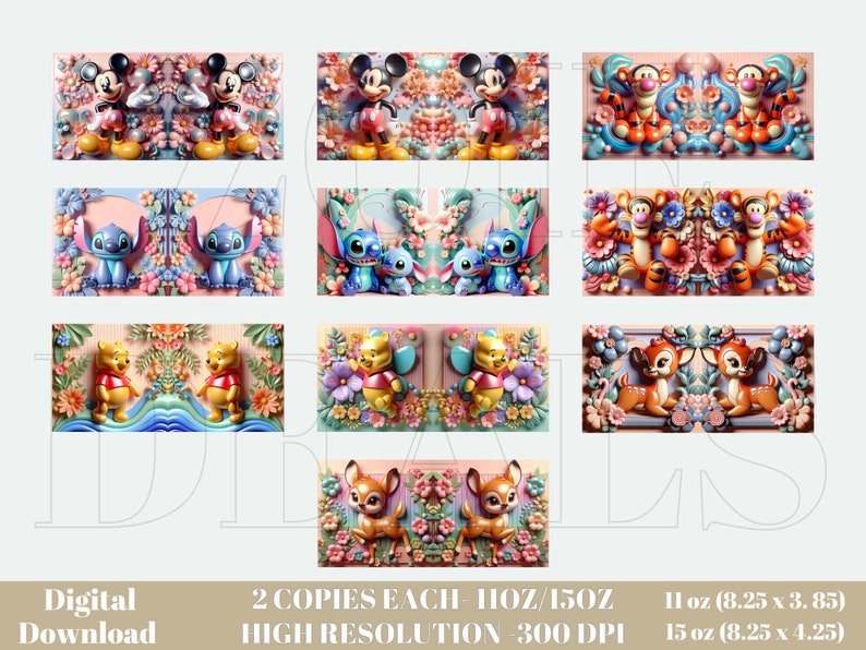 3D Cartoon Character Mug Wrap Bundle: 11oz & 15oz Sublimation Design ...