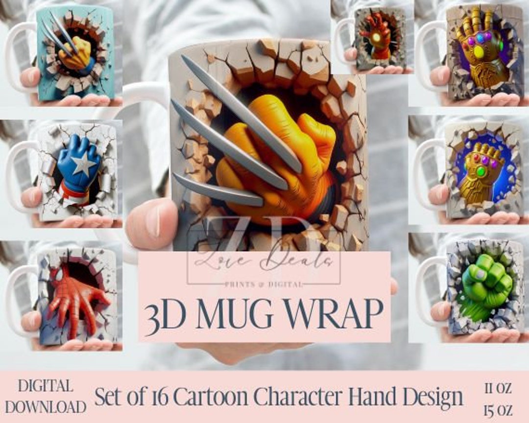 3D Effect Cartoon Movies Character Hand Mug Wrap, 11 Oz & 15 Oz Mug ...