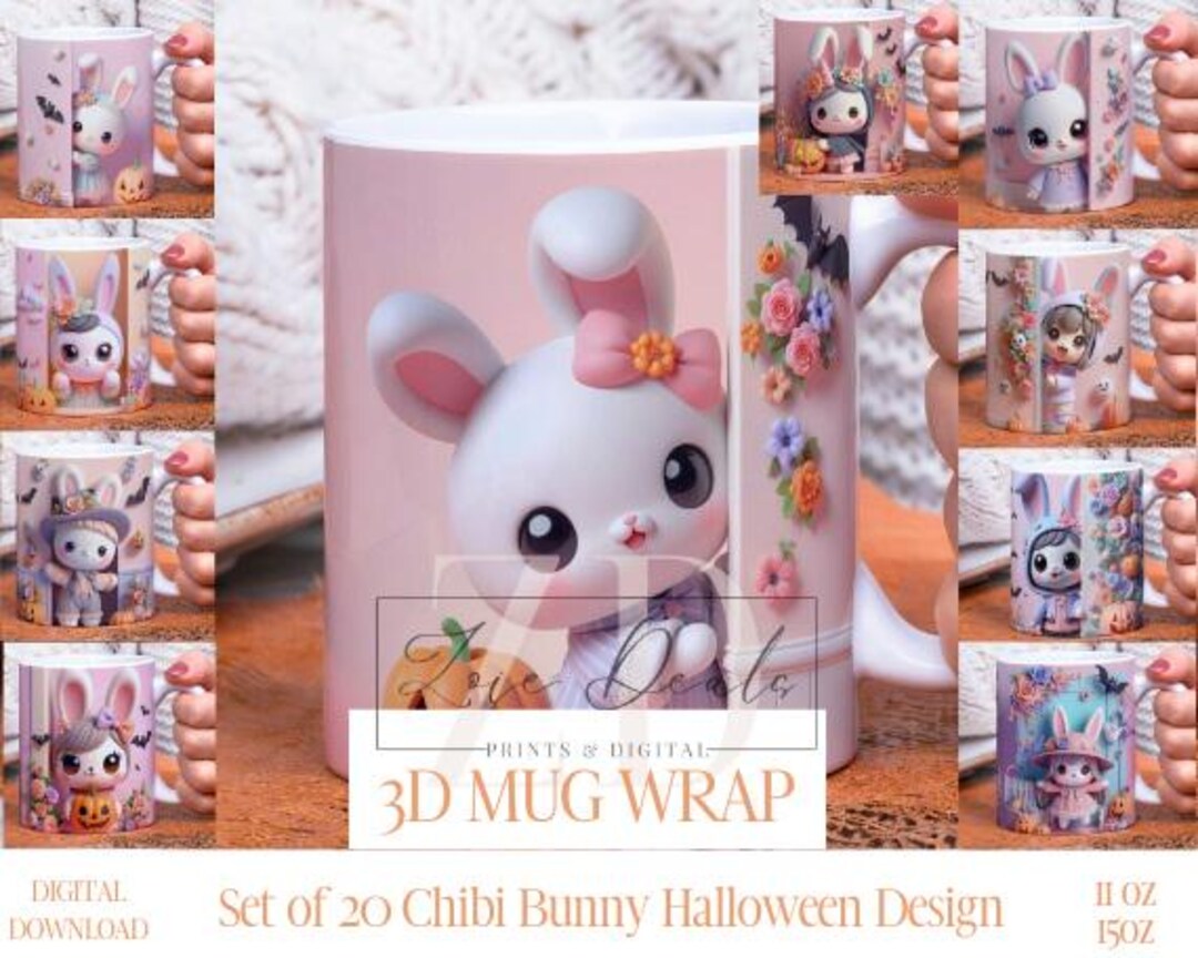 3D Effect Halloween Chibi Bunny Mug Wrap, Anime 11 Oz & 15 Oz Bundle ...