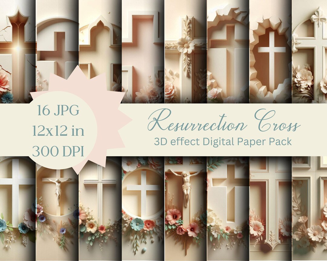3D Effect Resurrection Cross Digital Paper, Easter Cross Backgrounds ...