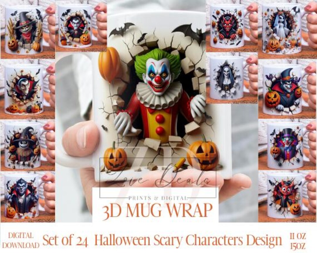 3D Effect Halloween Scary Characters Mug Wrap, 11 Oz & 15 Oz Spooky Mug ...