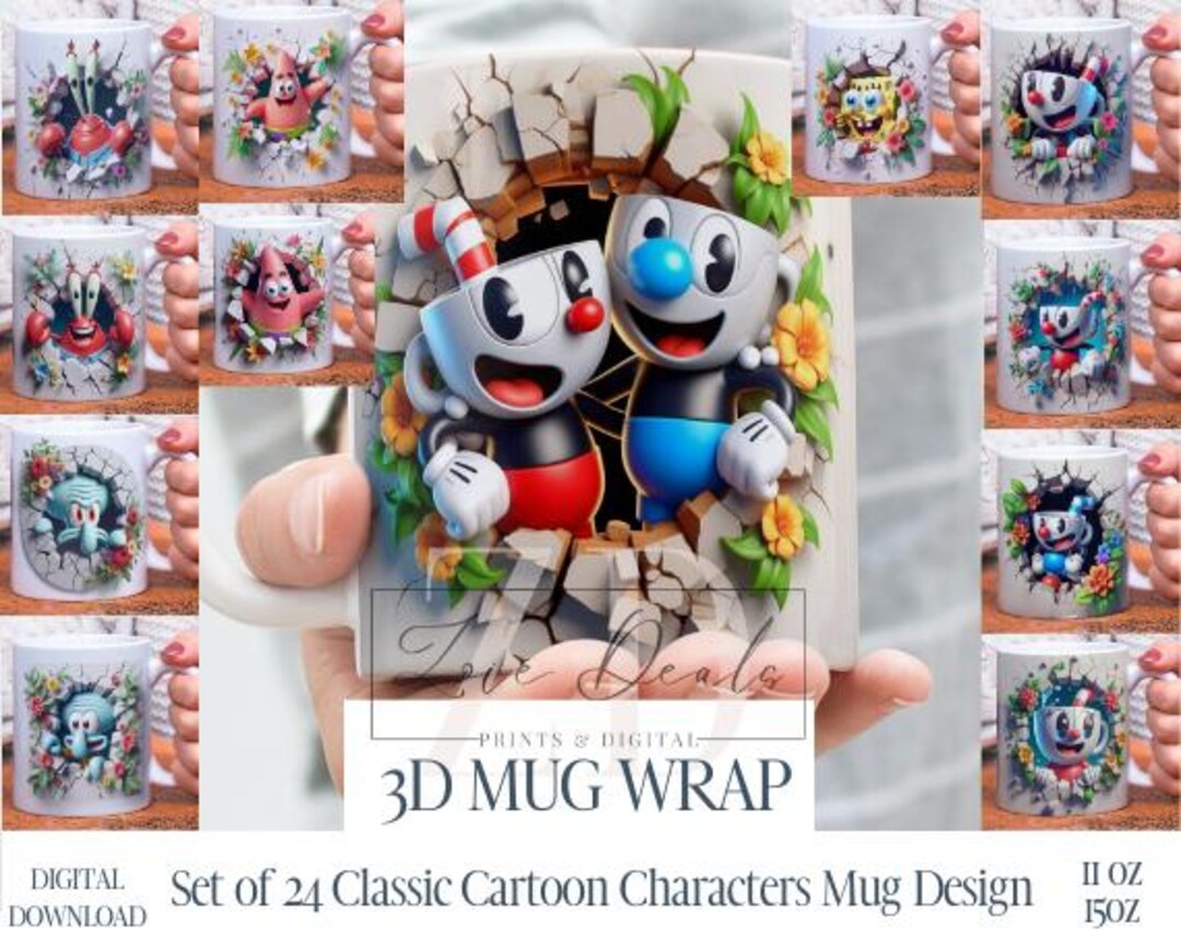 3D Effect Classic Cartoon Mug Wrap, 11 Oz & 15 Oz Classic Cuphead ...