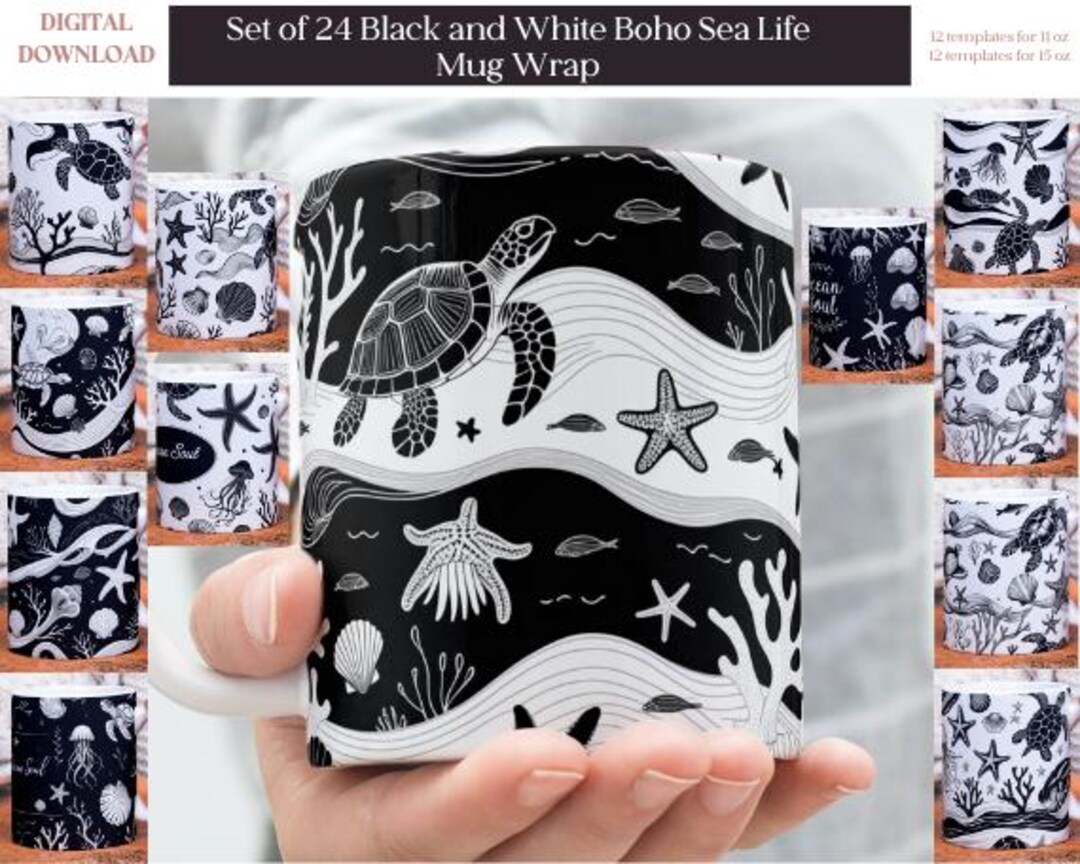 Boho Sea Life Mug Wrap PNG Bundle: Ocean Coloring Design (digital ...