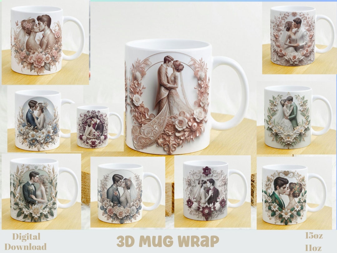 3D Elegant Wedding Theme Mug Wrap, Bride and Groom 11 Oz & 15 Oz Mug ...