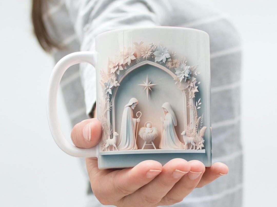 Nativity Scene Ceramic Mug, Pastel Christmas Coffee Cup, Birth of Jesus ...