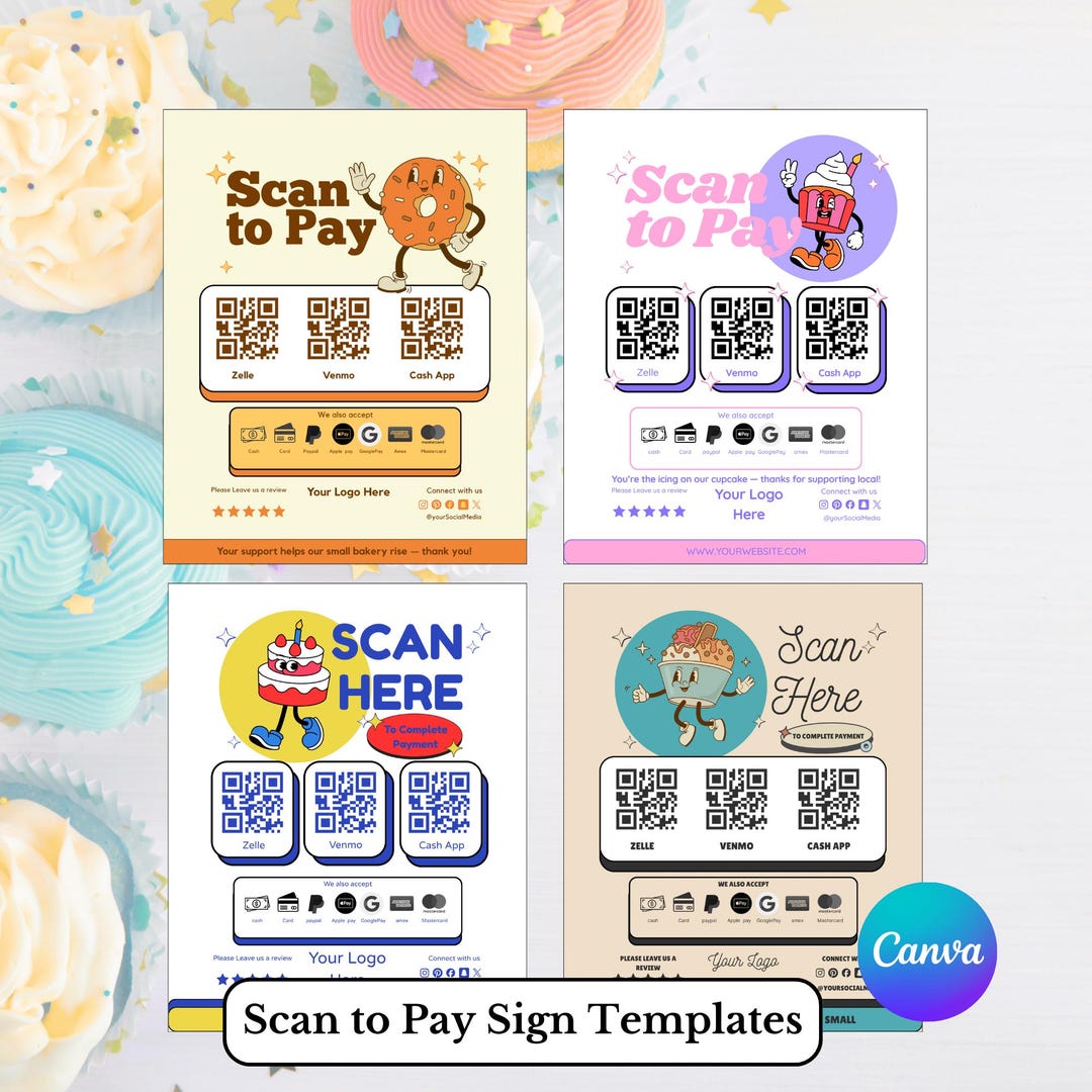 Bakery Scan to Pay Sign Template Bundle | Retro Bakery, Editable QR ...