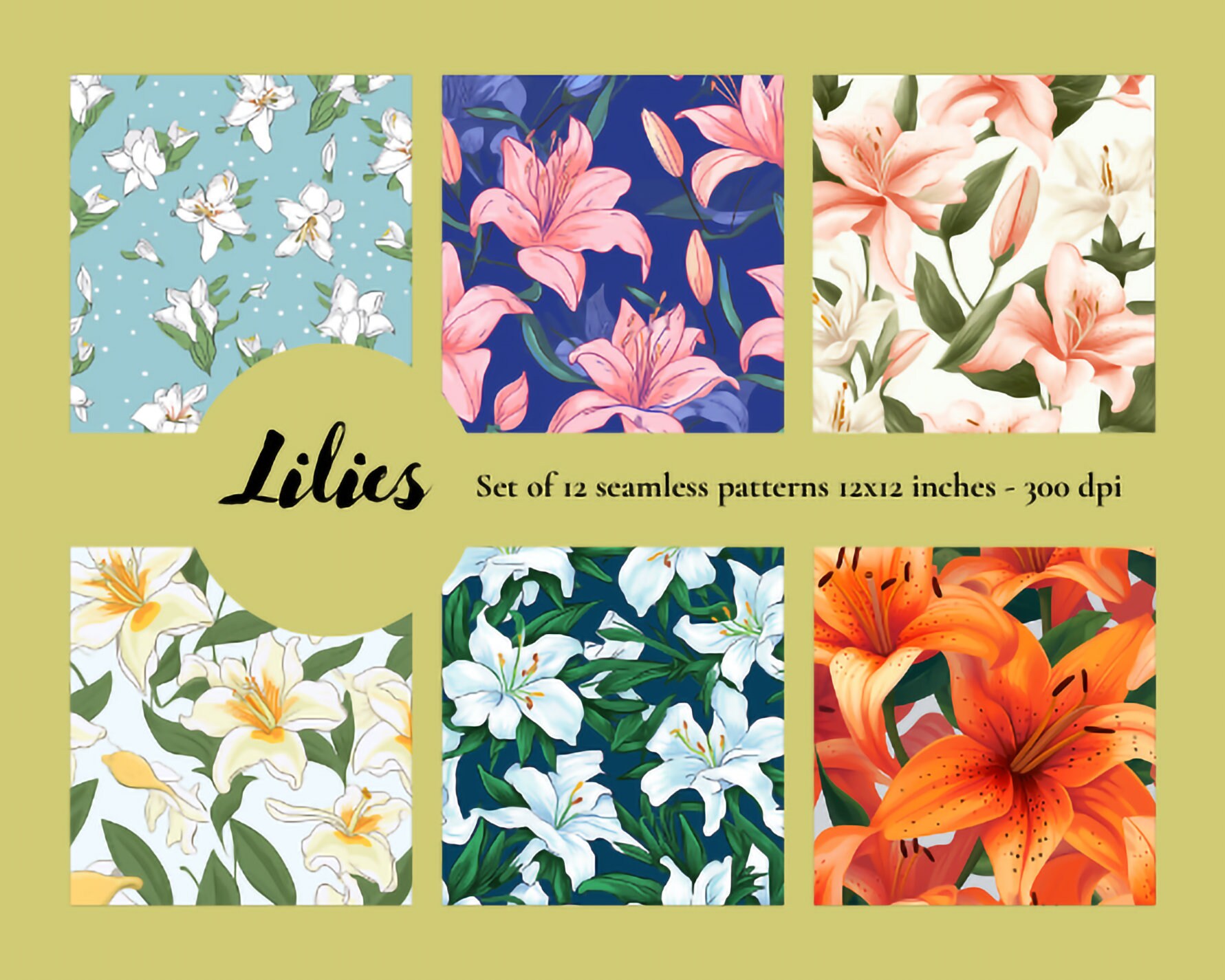 Lily Digital Paper Seamless Patterns in PNG Format for Scrapbooking ...