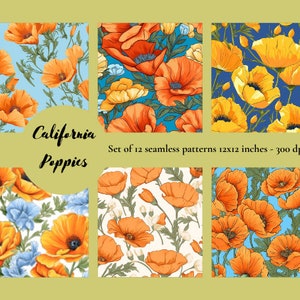 California Poppies Digital Paper Seamless Poppy Patterns in PNG Format ...