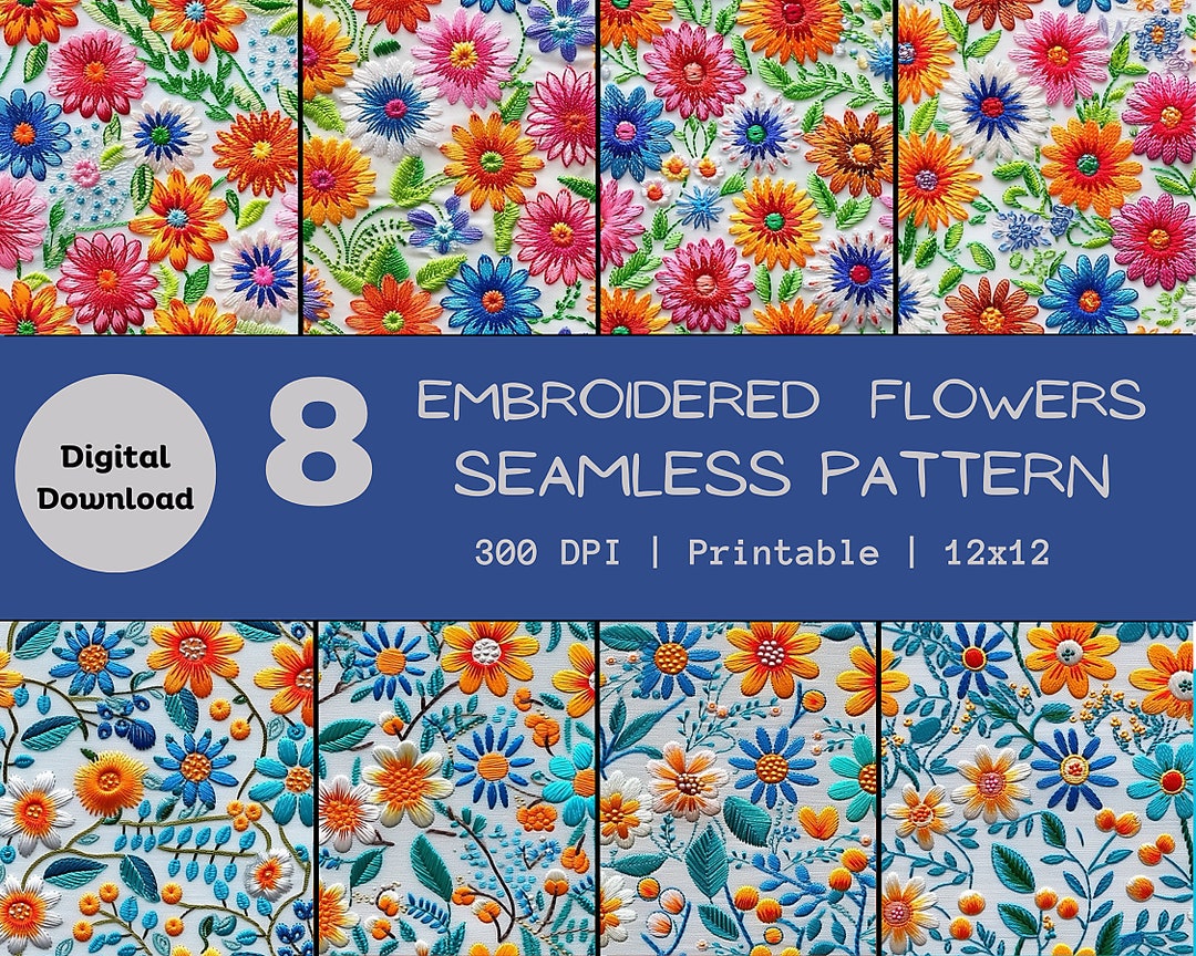 Boho Faux Floral Embroidery Seamless Pattern Botanical Summer Spring